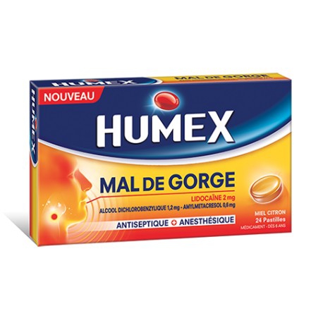 HUMEX Mal de Gorge Lidocaïne 2 mg 24 Pastilles Miel Citron - Mon ...
