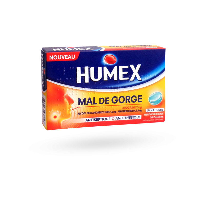 Humex Mal de Gorge (Lidocaïne 2 mg) Menthe Glaciale S/S 24 Pastilles ...